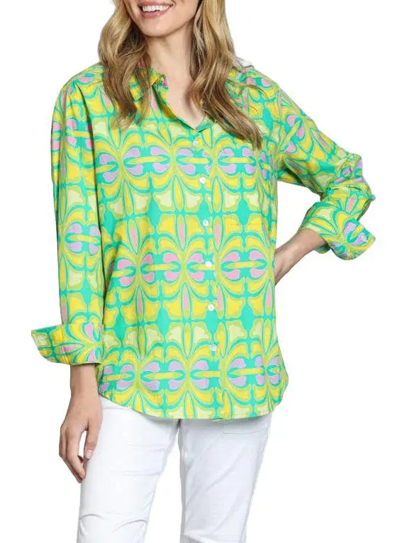 APNY Print Cotton Button-up Shirt - Lime Green Multi