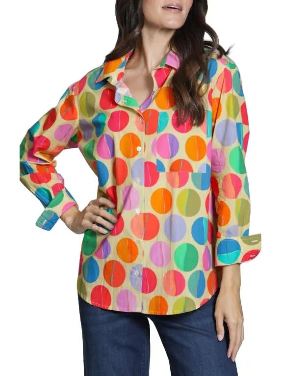 APNY Print Cotton Button-up Shirt - Pinkorange Multi Dots