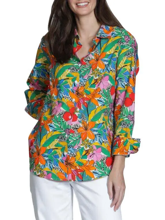 APNY Print Cotton Button-up Shirt - Pinkorange Multi