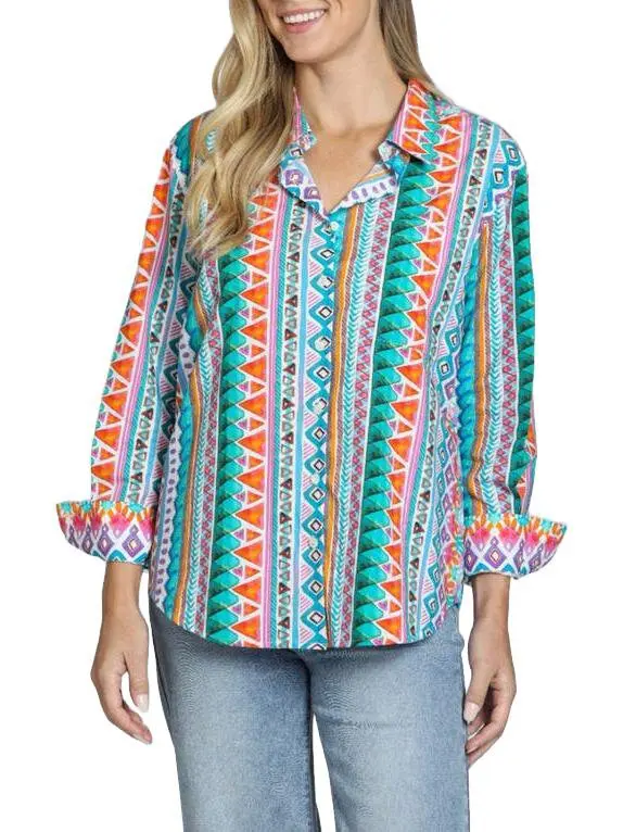 APNY Print Cotton Button-up Shirt - Turquoise Multi