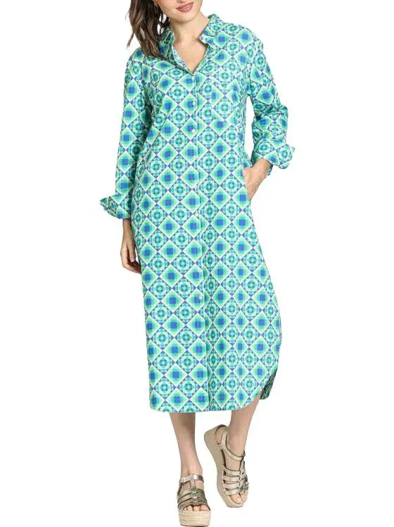 APNY Printed Cotton Shirtdress - Blue Multi