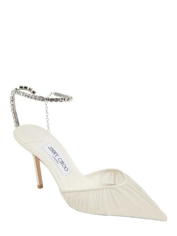 JIMMY CHOO Saeda Pointed-toe Pumps With Crystal Ankle Strap - Ivory/ Crystal