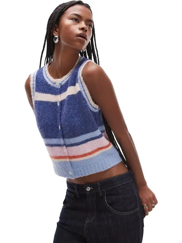 Topshop Stripe Button-up Sweater Vest - Blue Multi