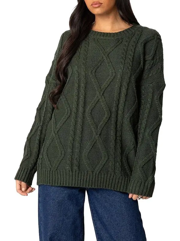 EDIKTED Kennedy Oversize Cable Stitch Sweater - Green