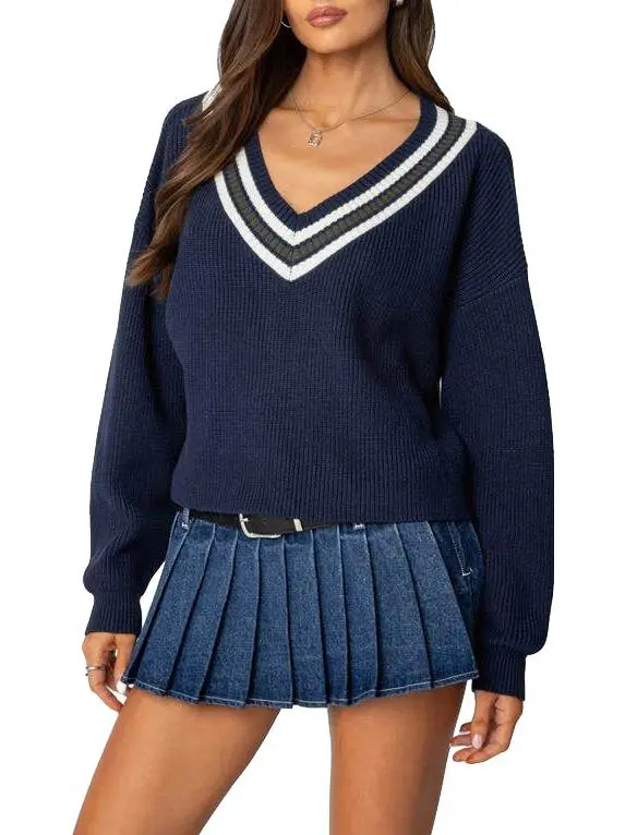 EDIKTED Lauryl Stripe Trim V-neck Sweater - Navy