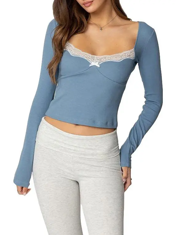 EDIKTED Morgyn Lace Trim Ribbed Crop Top - Blue