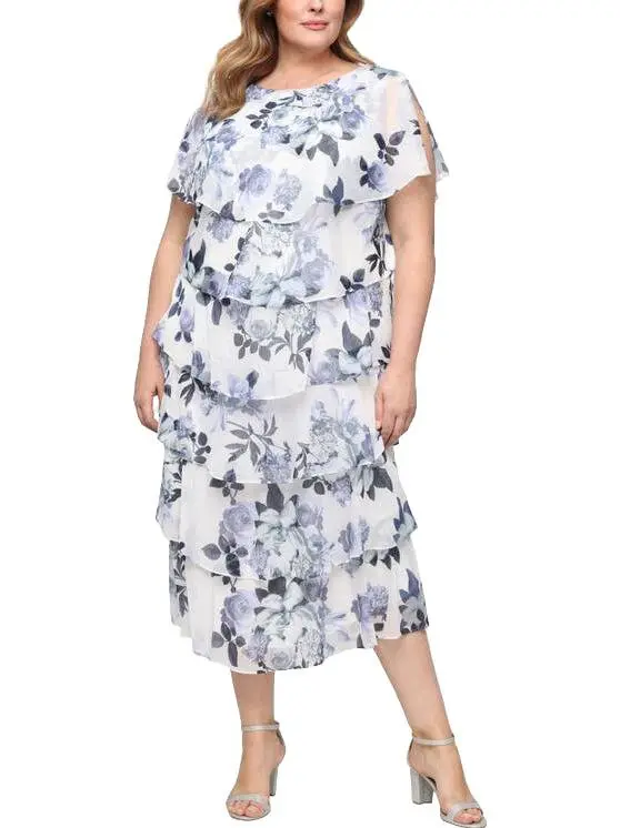 SL FASHIONS Floral Capelet Tiered Midi Dress - Ivory/blue