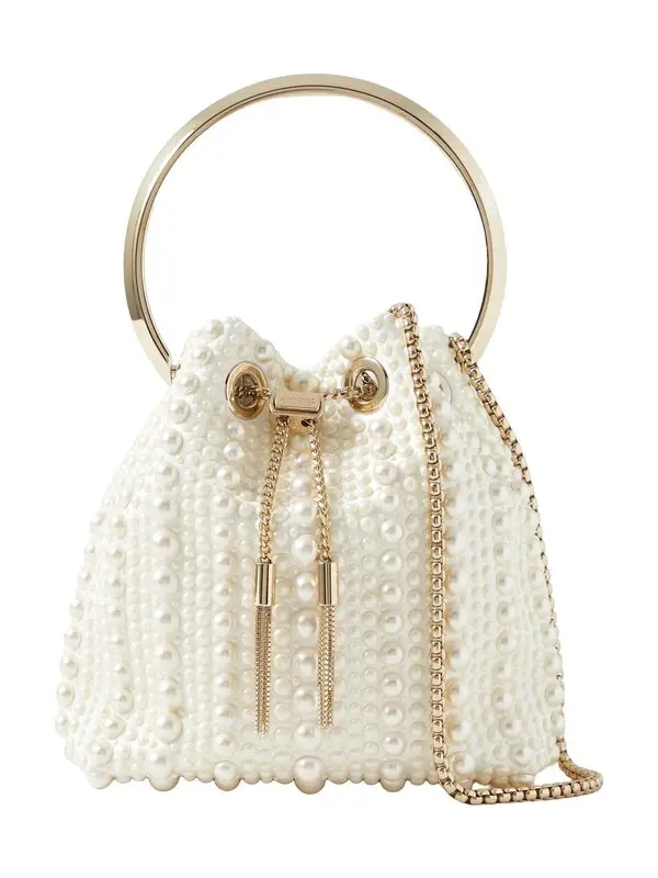 JIMMY CHOO Bon Bon Faux Pearl-embellished Bucket Bag - White