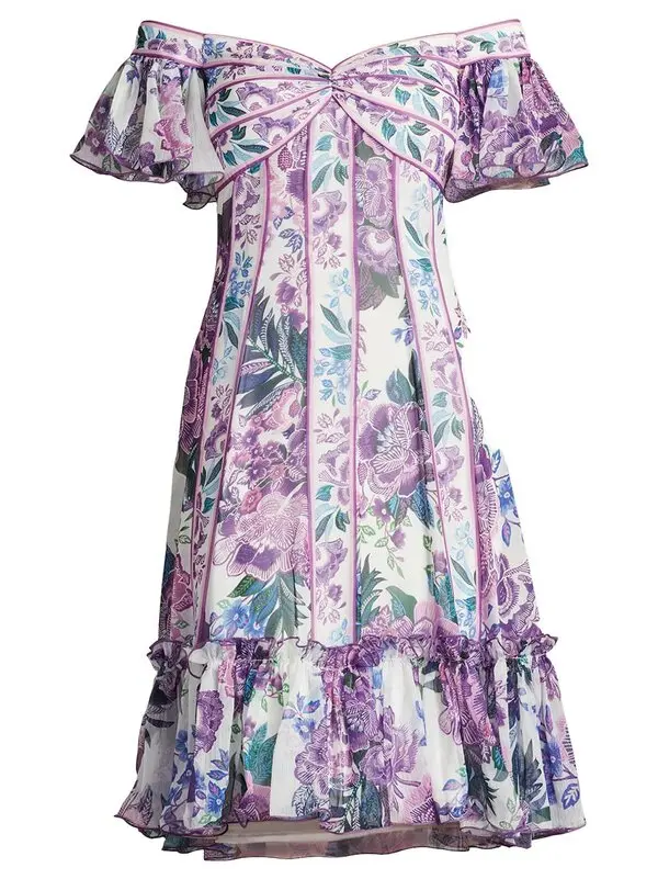 Tadashi Shoji Floral Print Flounce Dress - Whitepurple Floral