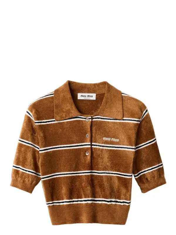 Miu Miu Striped Viscose Polo Shirt - Tobacco+ivory