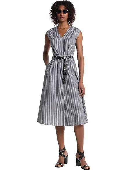 Michael Kors Striped Cotton Poplin Belted Midi Dress - Black