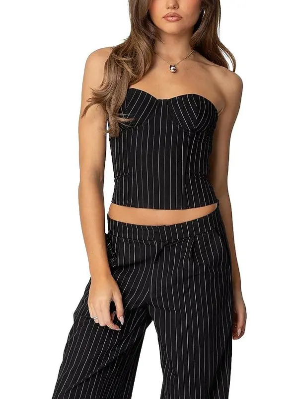 EDIKTED Aliza Strapless Pinstripe Corset - Black-and-white