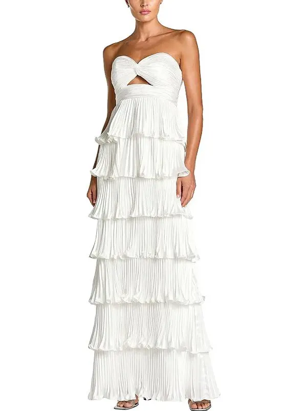 Mac Duggal Pleated Charmeuse Strapless Tiered Ruffle Gown - Ivory