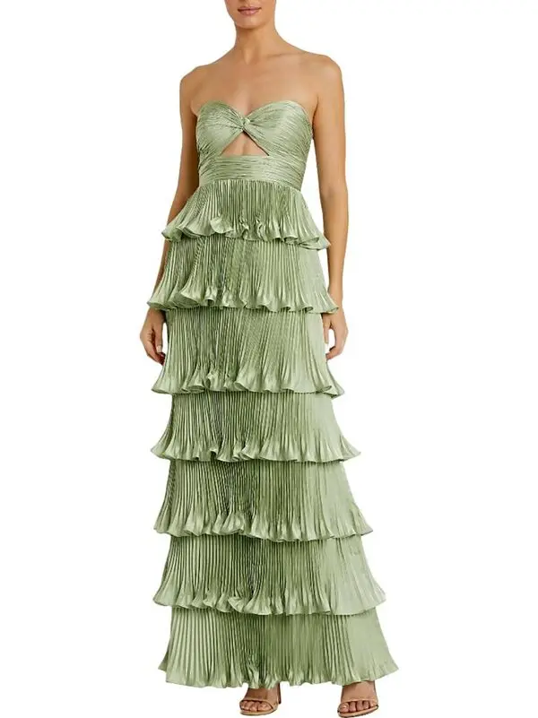 Mac Duggal Pleated Charmeuse Strapless Tiered Ruffle Gown - Sage