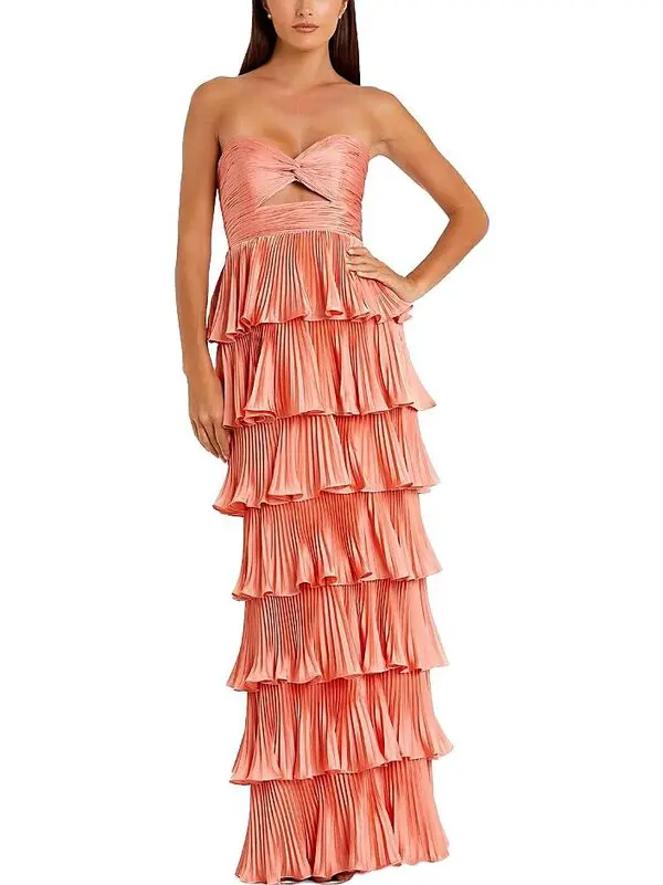 Mac Duggal Pleated Charmeuse Strapless Tiered Ruffle Gown - Terra Cotta