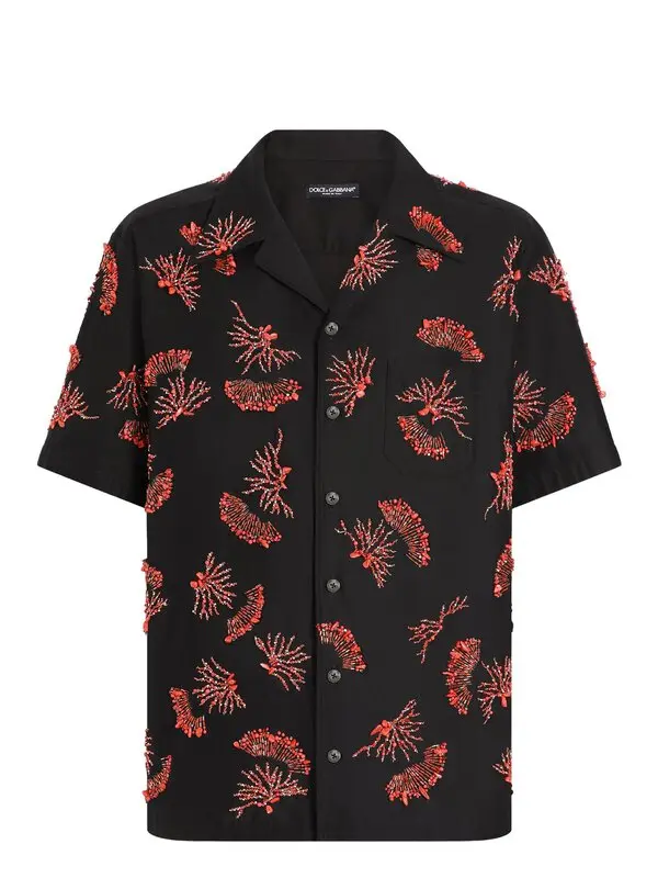 Dolce & Gabbana Short-sleeved Cotton Shirt With Coral Embroidery - Black