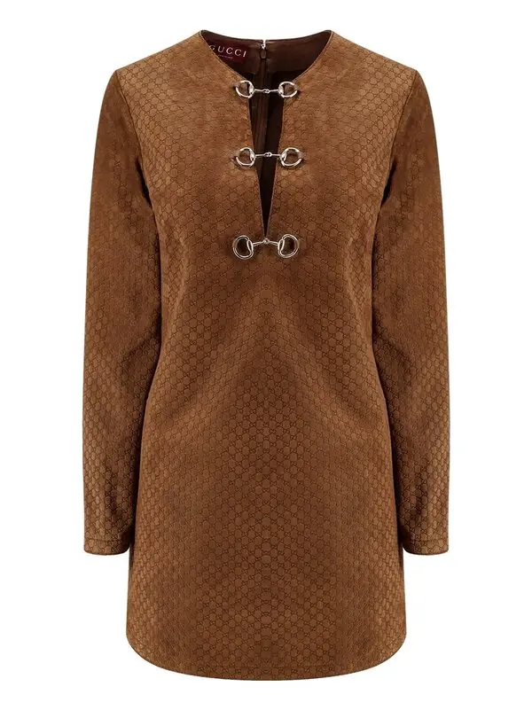 Gucci Suede Short Dress With Allover Gg Logo - Brown