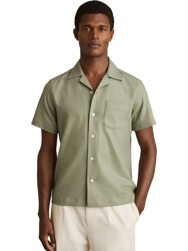 REISS Nitus Herringbone Twill Cuban Collar Short Sleeve Shirt - Sage Green
