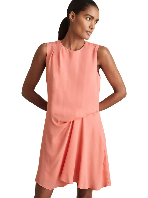 REISS Elina Draped Tuck Mini Dress - Coral
