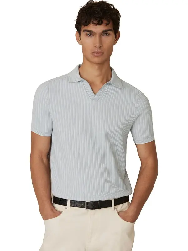 REISS Lancaster Open-collar Textured Polo Shirt - Soft Blue/white