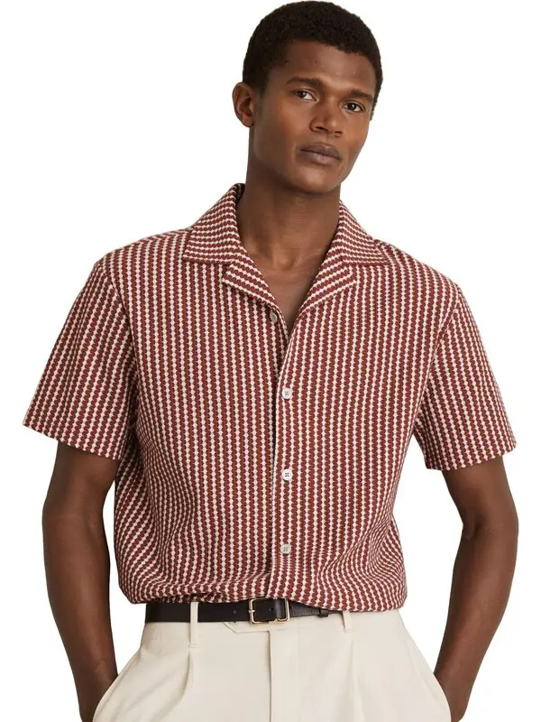 REISS Tower Textured-stripe Cuban-collar Shirt - Rust Red/white