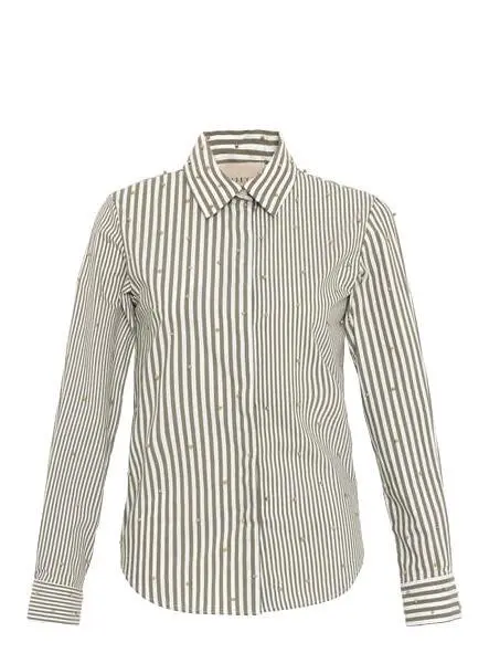 THEO THE LABEL Echo Mix Stripe Pearly Shirt - Khaki/gold