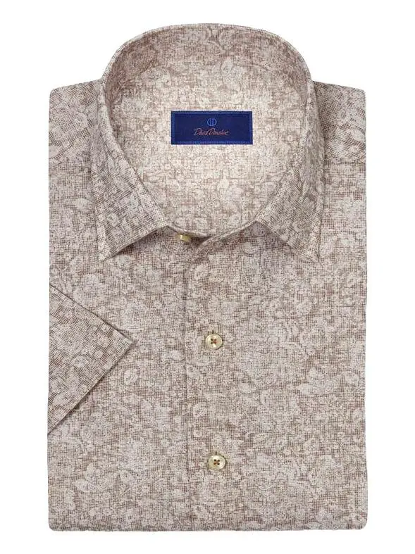 David Donahue Texture Floral Print Short Sleeve Linen & Cotton Shirt - Dune