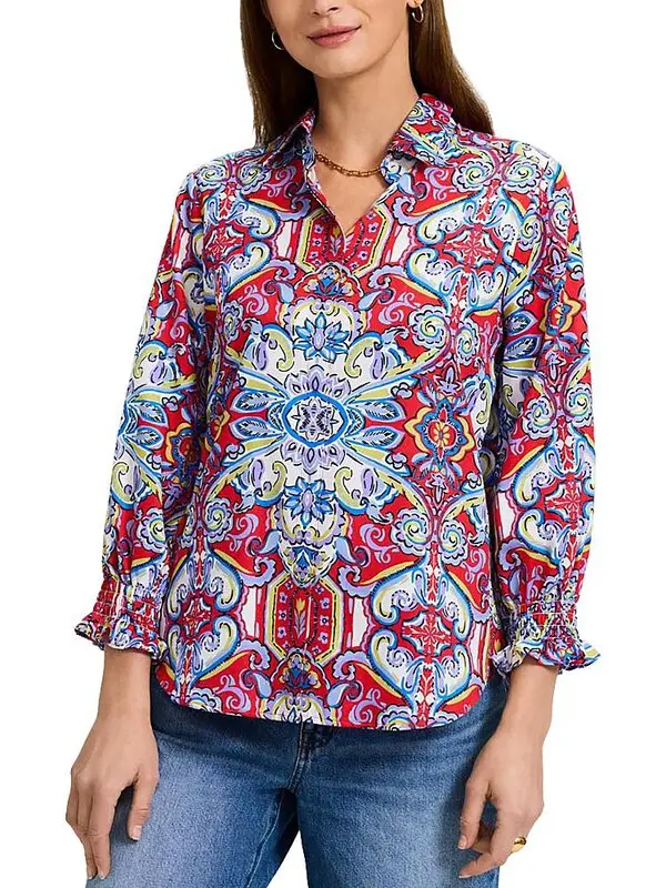 Foxcroft Olivia Tile Print Shirt - Red/ Multi