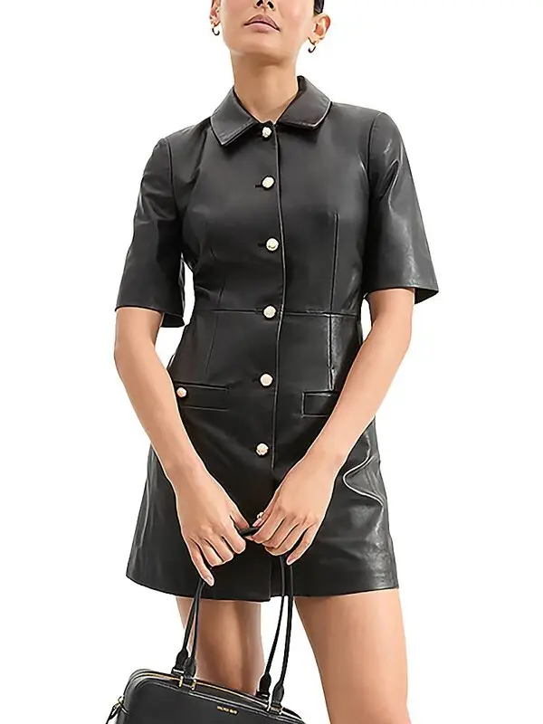 Veronica Beard Paige Leather Shirt Dress - Black