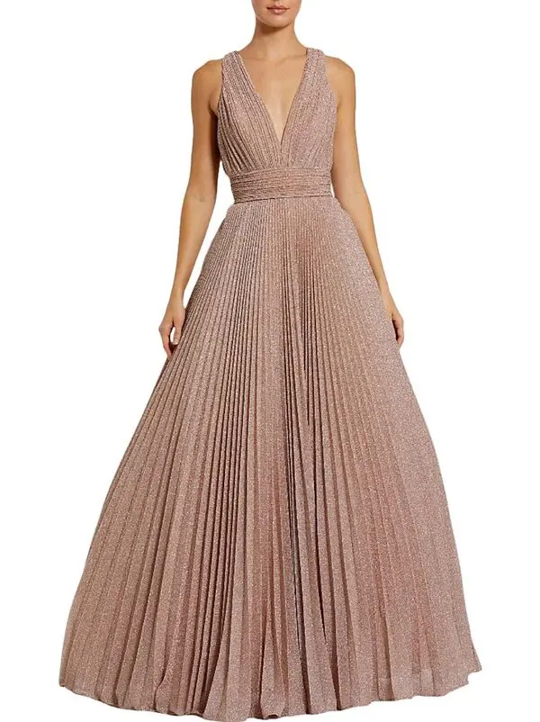 Mac Duggal Shimmering Georgette Pleated Gown - Rose Gold