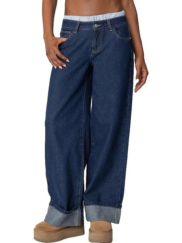 EDIKTED Striped Boxer Detail Low Rise Jeans - Dark Blue