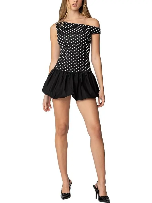 EDIKTED Polka Dot Asymmetric Bubble Skirt Mini Dress - Black