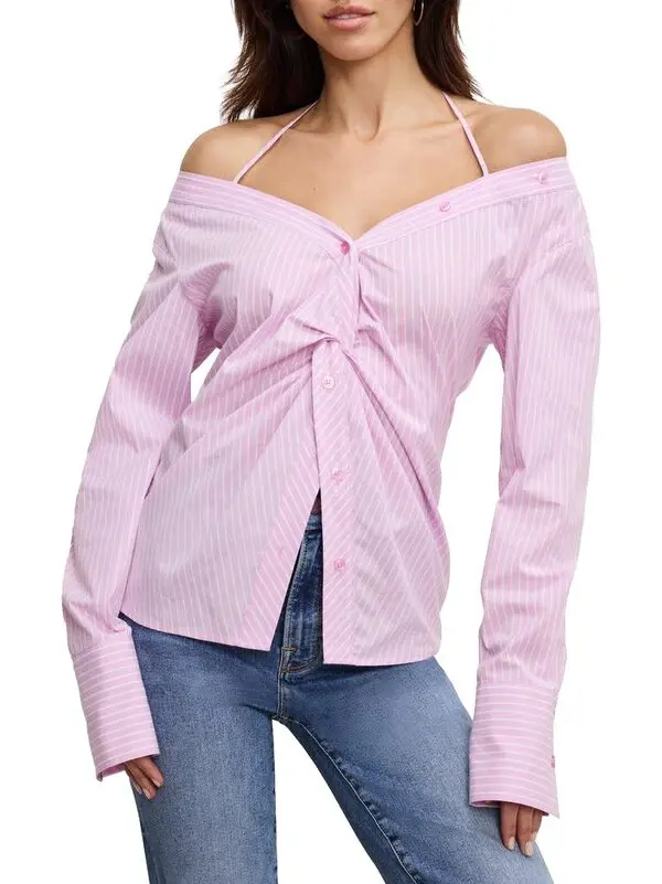 Good American Poplin Off-the-shoulder Top - Pink Flora Stripe001