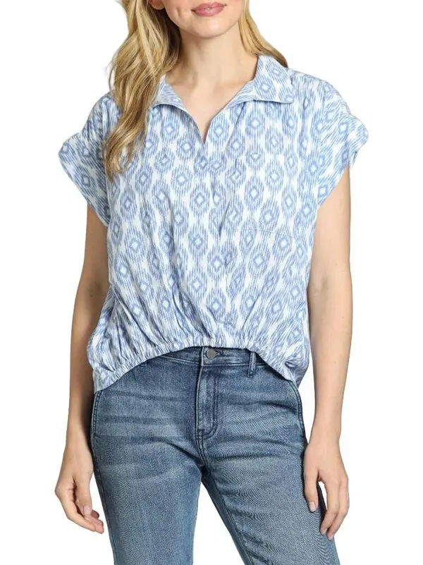 APNY Tab Cuff Printed Cotton Top - Blue/ White