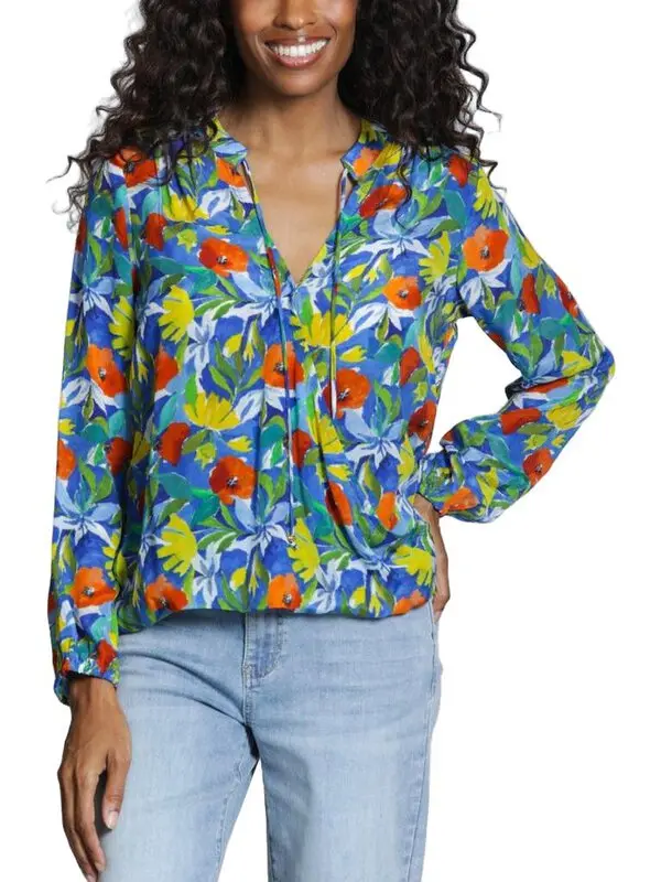 APNY Print Surplice Neck Top - Blue Multi Flower