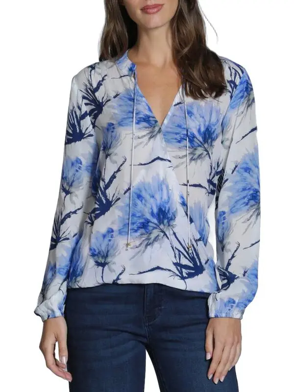 APNY Print Surplice Neck Top - Blue/white Multi