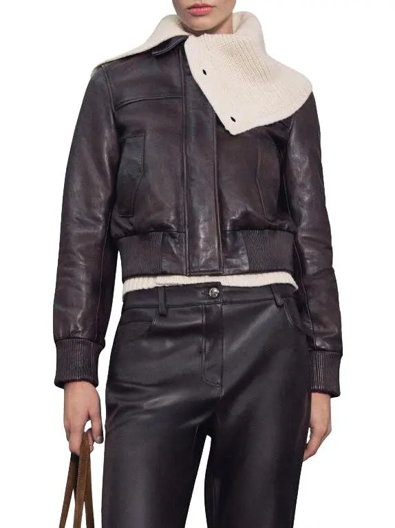 Mango Crop Leather Bomber Jacket - Brown