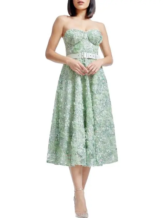 Dress The Population Mabel Beaded Floral Appliqué Strapless Belted Cocktail Dress - Sage Multi
