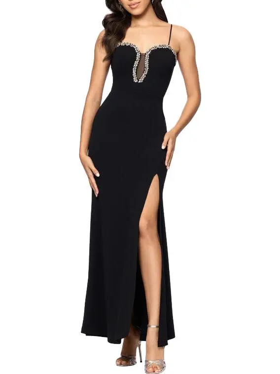 BLONDIE NITES Rhinestone Sweetheart Neck Scuba Knit Gown - Black