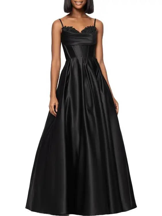 BLONDIE NITES Beaded Embroidery Detail Satin Gown - Black