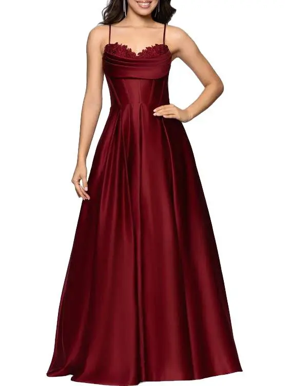 BLONDIE NITES Beaded Embroidery Detail Satin Gown - Wine