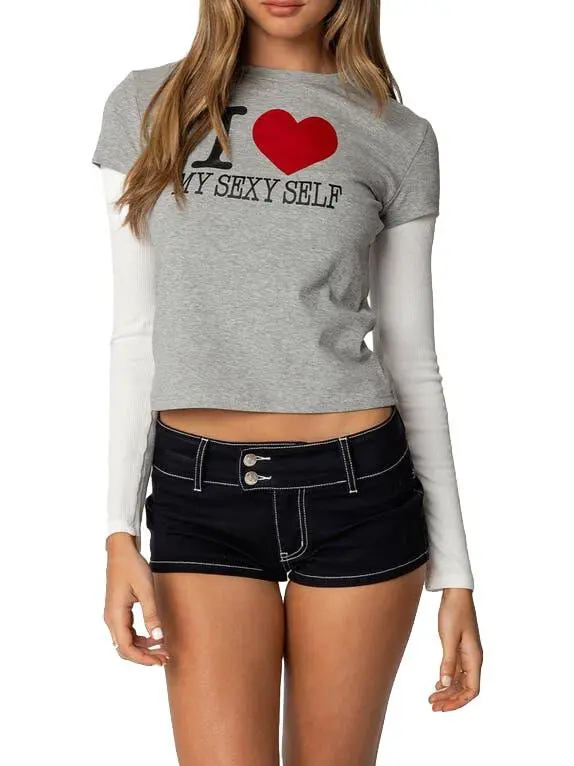 EDIKTED I Heart Me Layered Long Sleeve Graphic T-shirt - Gray-melange