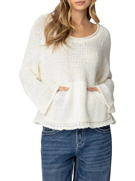 EDIKTED Open Stitch Kangaroo Pocket Sweater - Cream