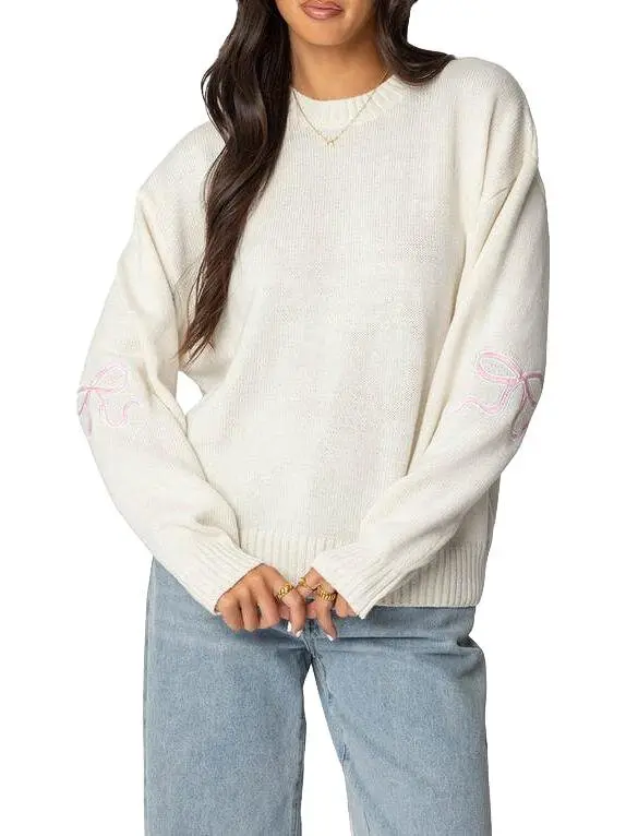 EDIKTED Rutie Bow Appliqué Crewneck Sweater - White