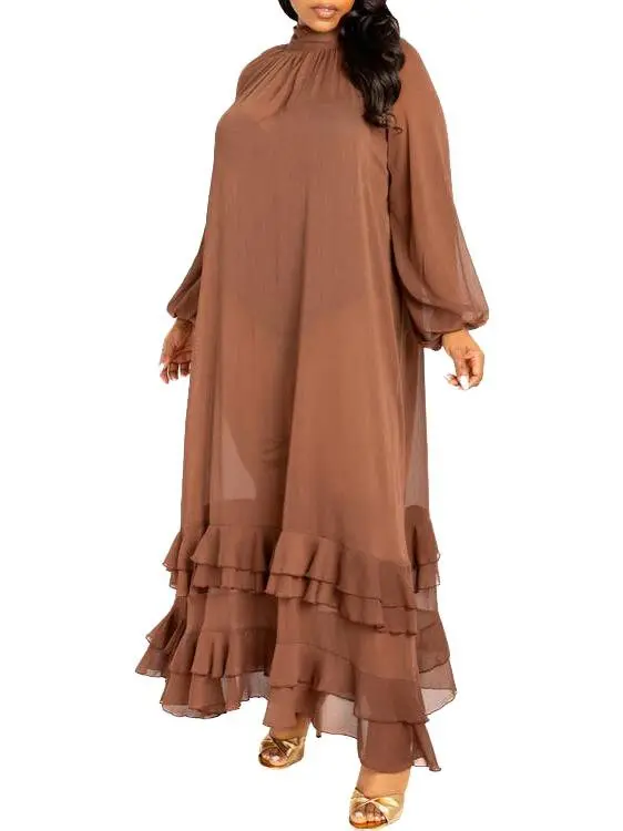 BUXOM COUTURE Tiered Tie Neck Ruffle Gown - Brown
