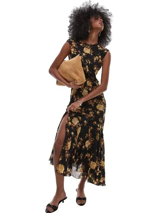 Topshop Floral Godet Hem Midi Dress - Brown