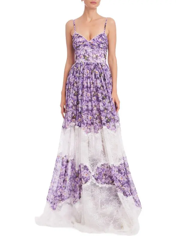 Badgley Mischka Floral Print Chiffon & Lace Gown - Lilac Multi