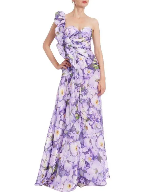 Badgley Mischka Floral Print One-shoulder Gown - Lilac Multi
