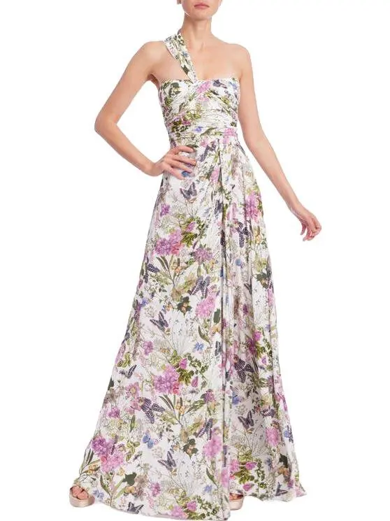 Badgley Mischka Floral One-shoulder Gown - White Multi