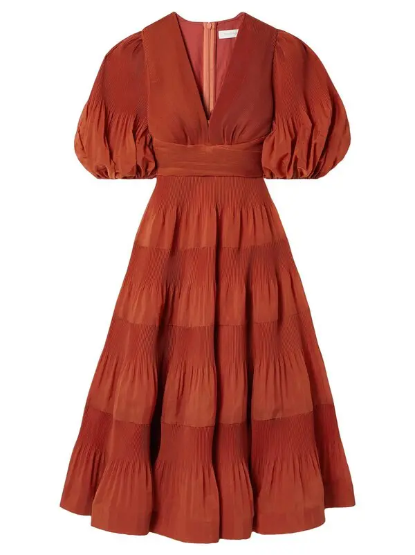 Zimmermann Tiered Plissé-taffeta Midi Dress - Red